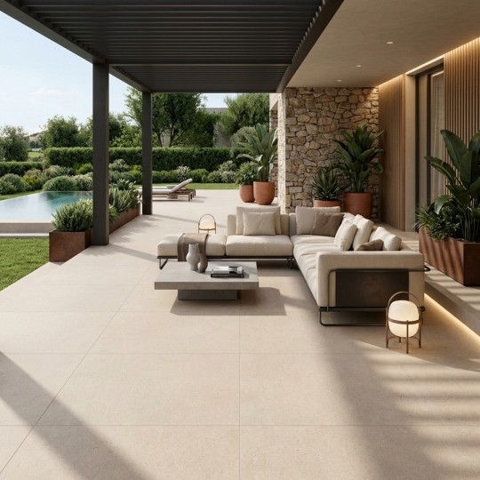 Dalle terrasse sur plot effet pierre Portland Marfil 100x100 cm